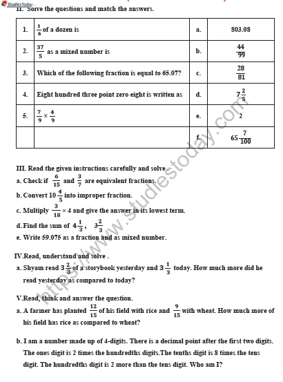 CBSE Class 4 Mathematics Worksheet Set T CBSE Class 4 Mathematics Worksheet Set T